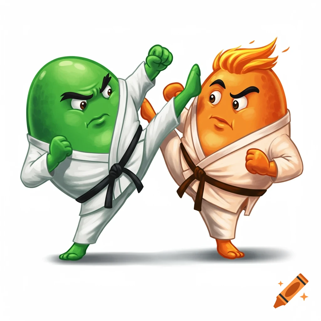 Cartoon illustration of a green bean and an orange bean fighting karate ...