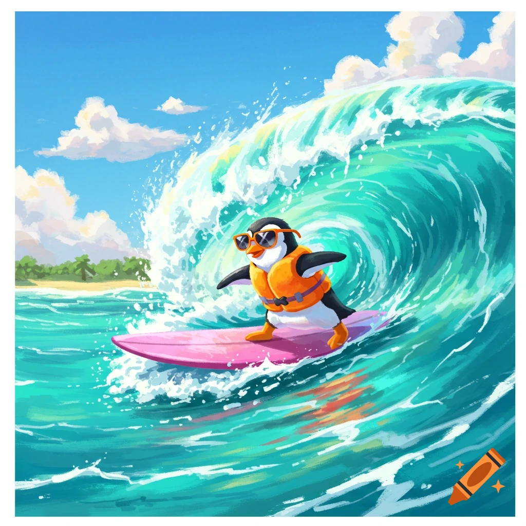 A cartoon penguin in a life vest and sunglasses surfs a large wave on a ...