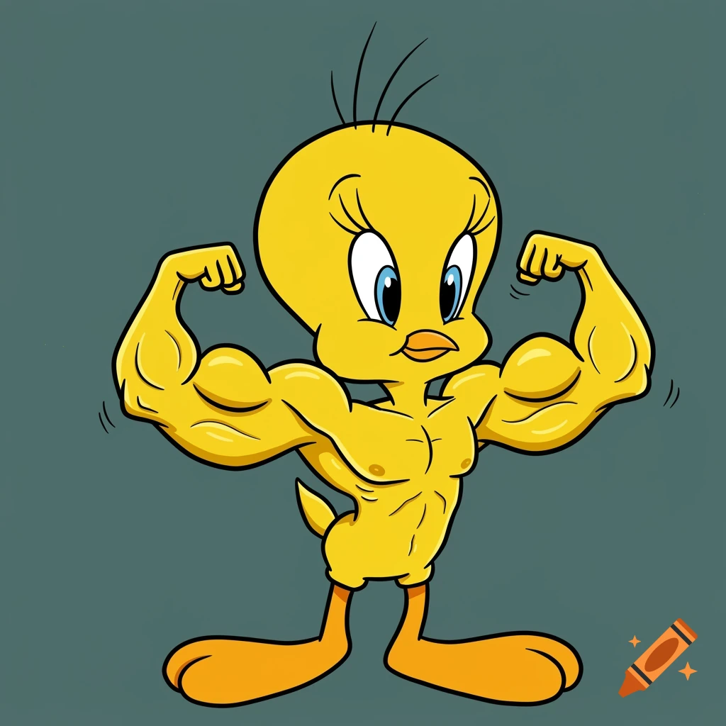 Tweety bird character standing on a large sunflower in a bright digital illustration style. on ...