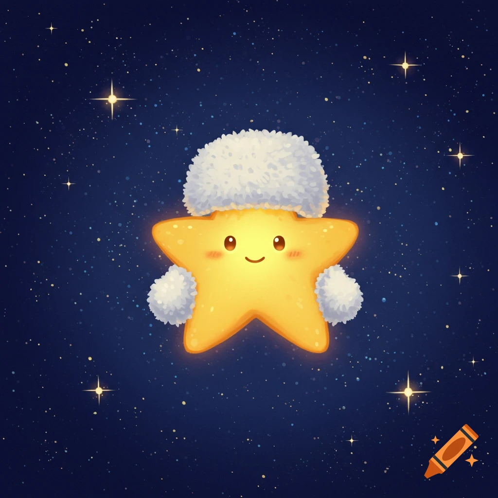 Cute cartoon star wearing a fluffy hat in space with glowing stars. on Craiyon
