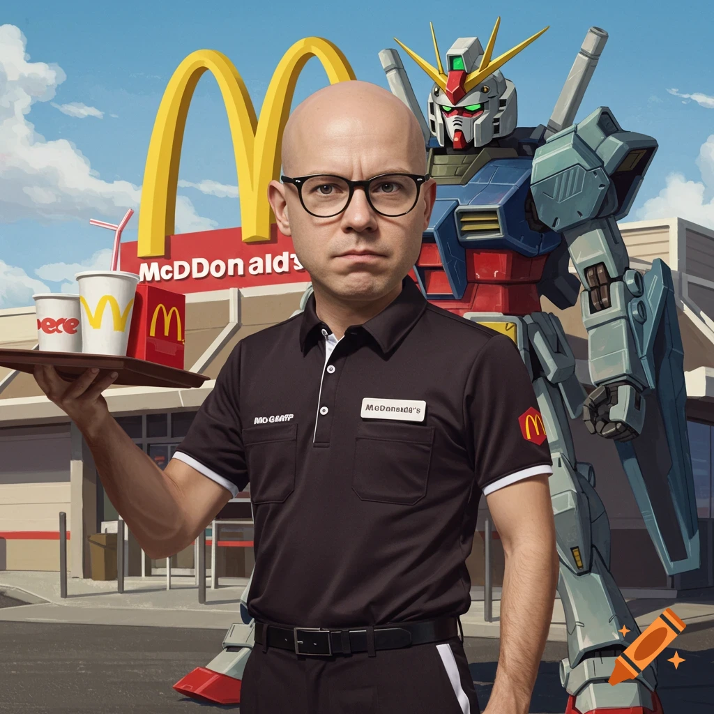 Bald McDonald's manager in Gundam style on Craiyon