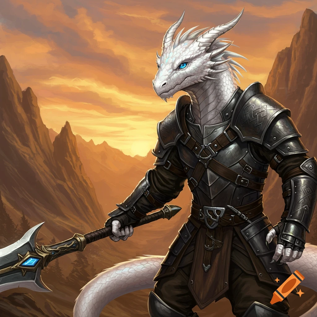 A white dragonborn in metal armor reads a map on a battlefield. on Craiyon