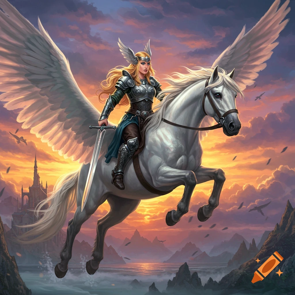 Blond valkyrie with braids and sword riding a winged pegasus on Craiyon