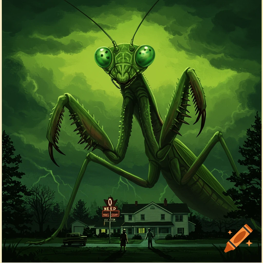 Praying Mantis Horror Movie Poster, 1950s Style on Craiyon