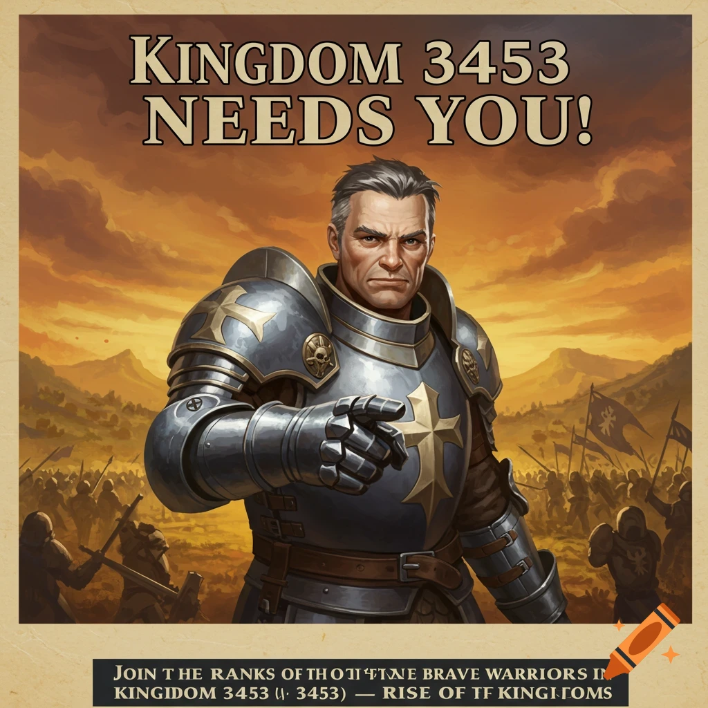 Rise of Kingdoms recruitment banner in WWII poster style, "I Want You ...
