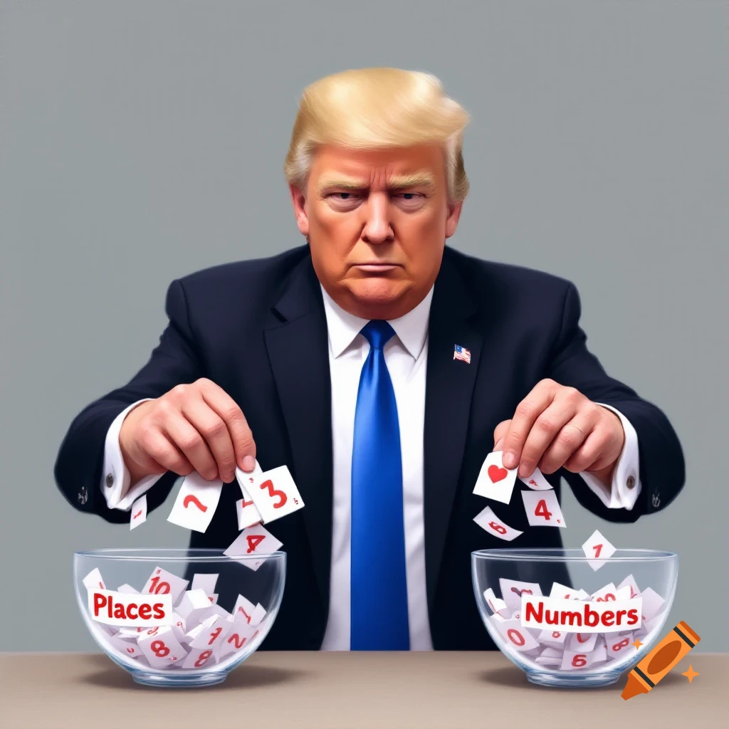 Donald Trump drawing from bowls labeled Places and Numbers on Craiyon