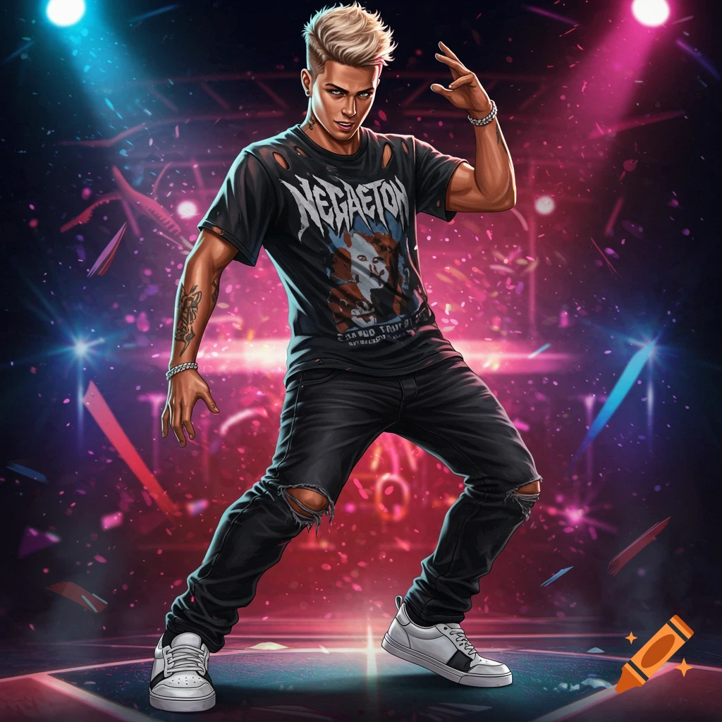 Illustration of a reggaeton rapper dancing on a stage with bright ...