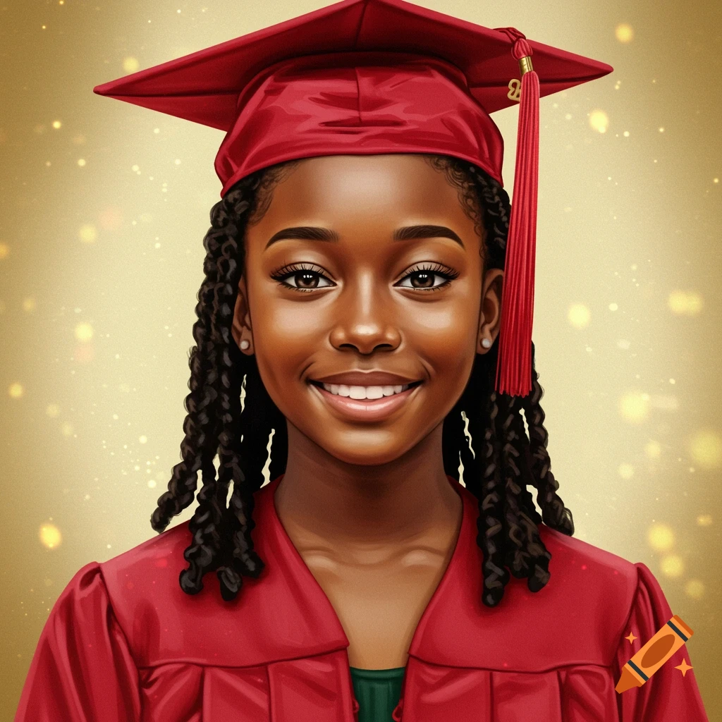 Young African teen in red graduation cap and gown on Craiyon