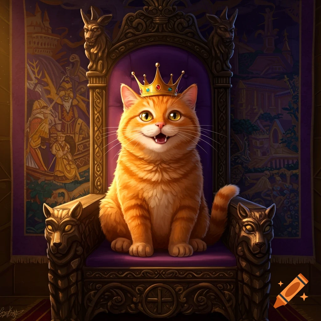 An orange cat in a golden dress and crown stands on a stone path in a ...