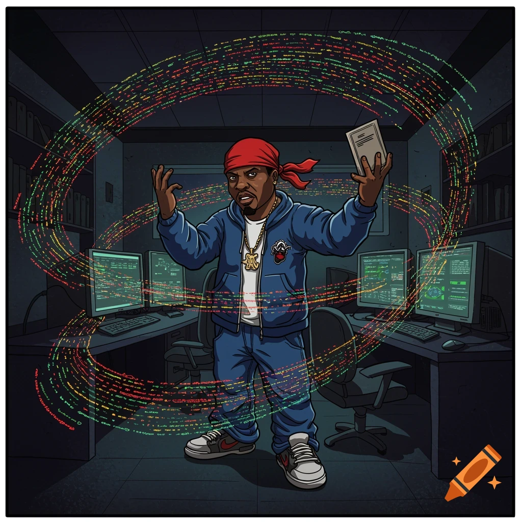 90s cartoon of a Black American gangster programmer surrounded by code ...