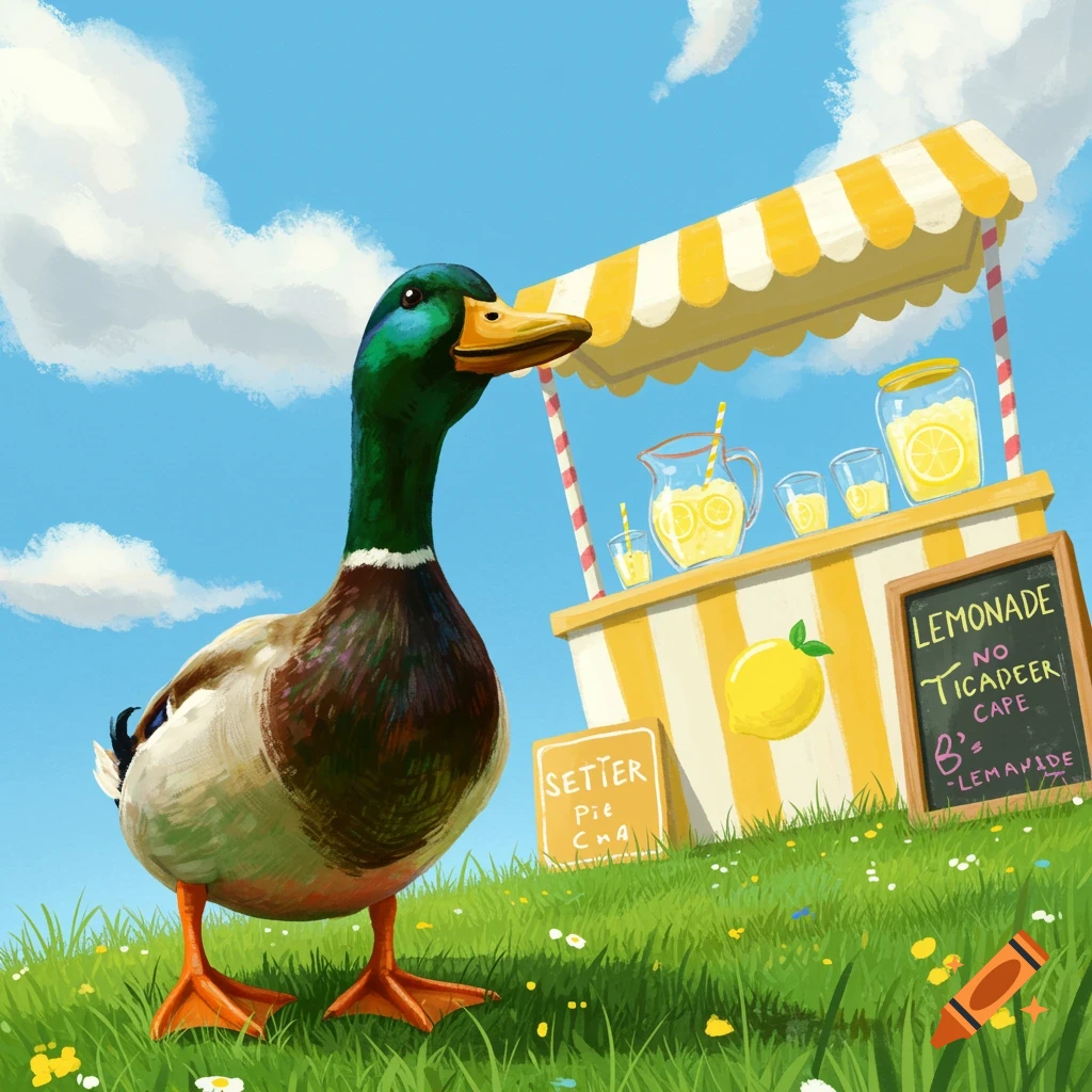 A mallard duck standing in grass, looking towards a lemonade stand ...