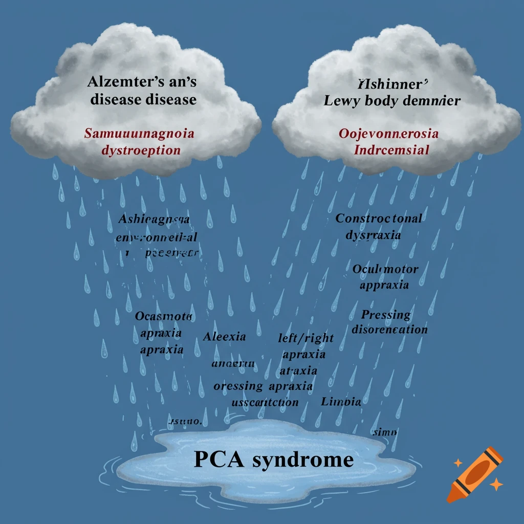 Rain clouds labeled with dementia types raining down on PCA syndrome ...