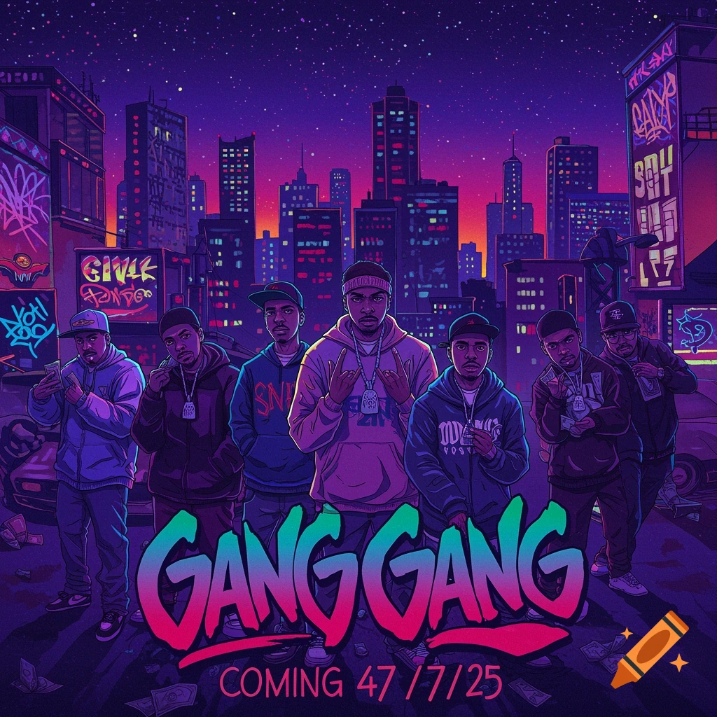 Illustration of a group of men standing in a city street at night with "GANG GANG" text. on Craiyon