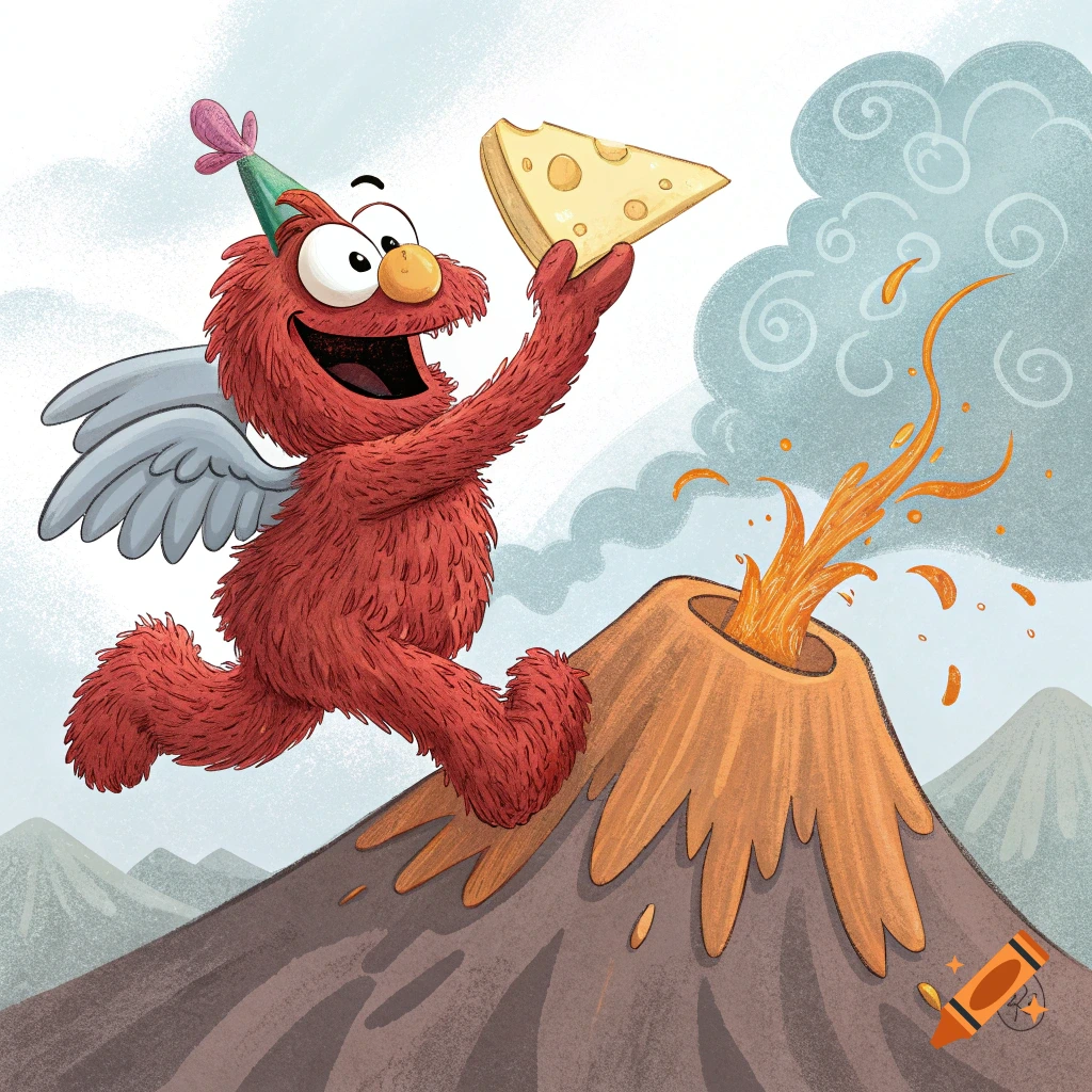 Cartoon Elmo with wings and a party hat flying from a volcano holding a ...