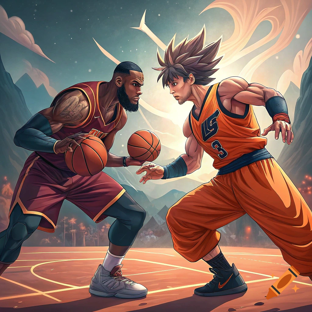 Stylized anime illustration of Lebron James playing basketball against ...