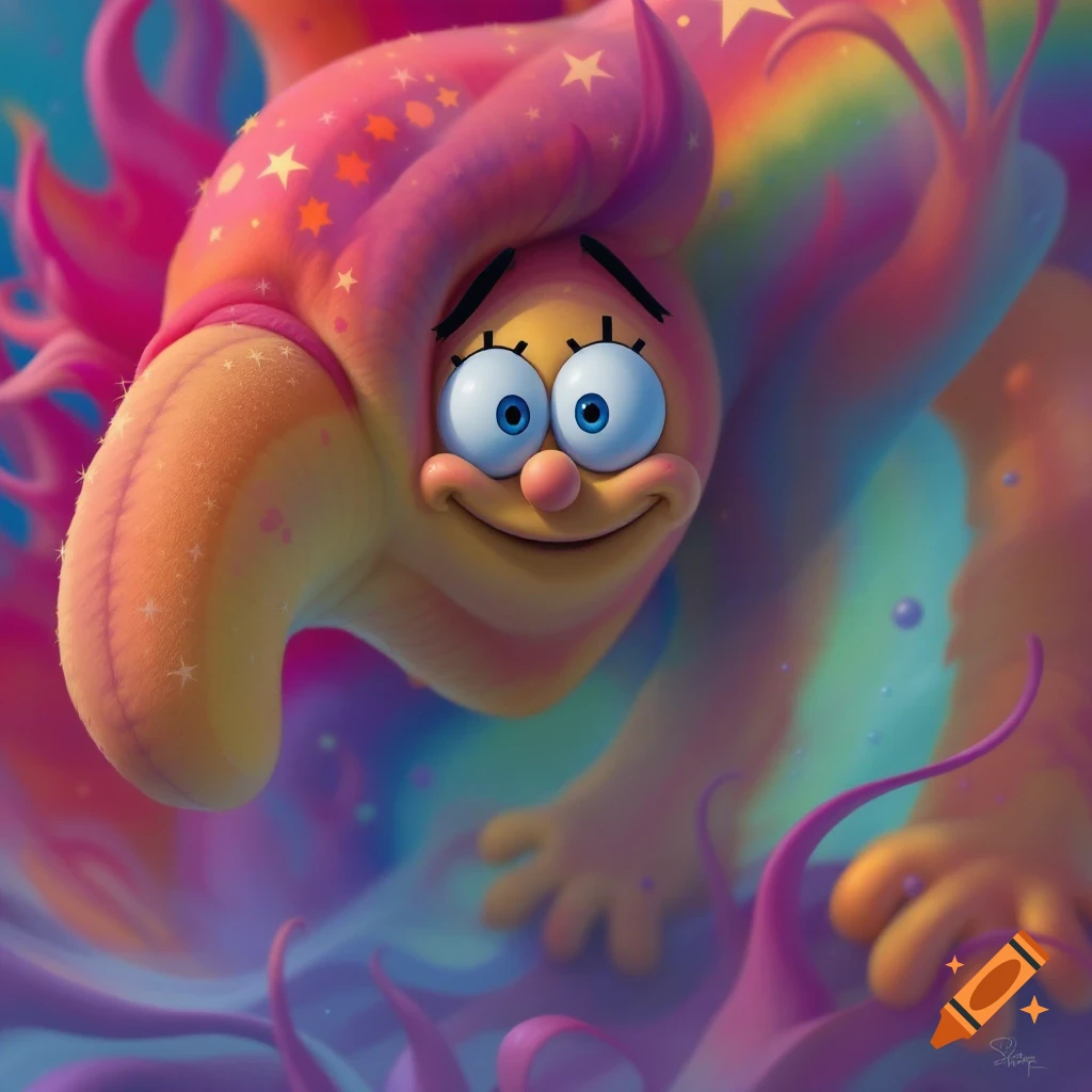 A vibrant, surreal cartoon character with Sponge Bob's face emerges ...