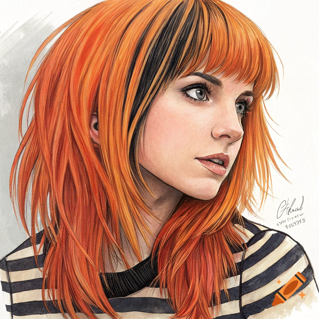 Illustration portrait of a woman with bright orange hair, bangs, and a striped shirt. on Craiyon