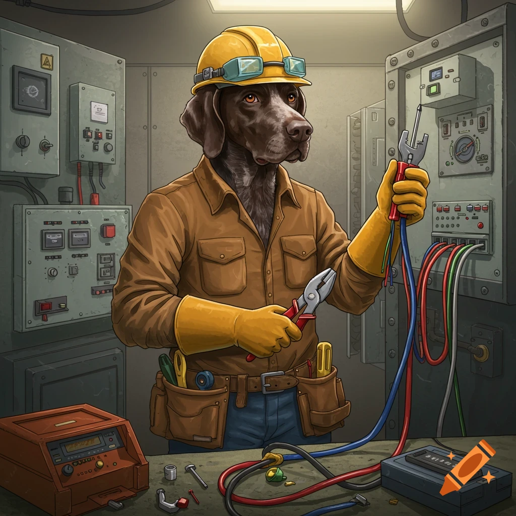 A German Shorthaired Pointer dog dressed as an electrician works on ...