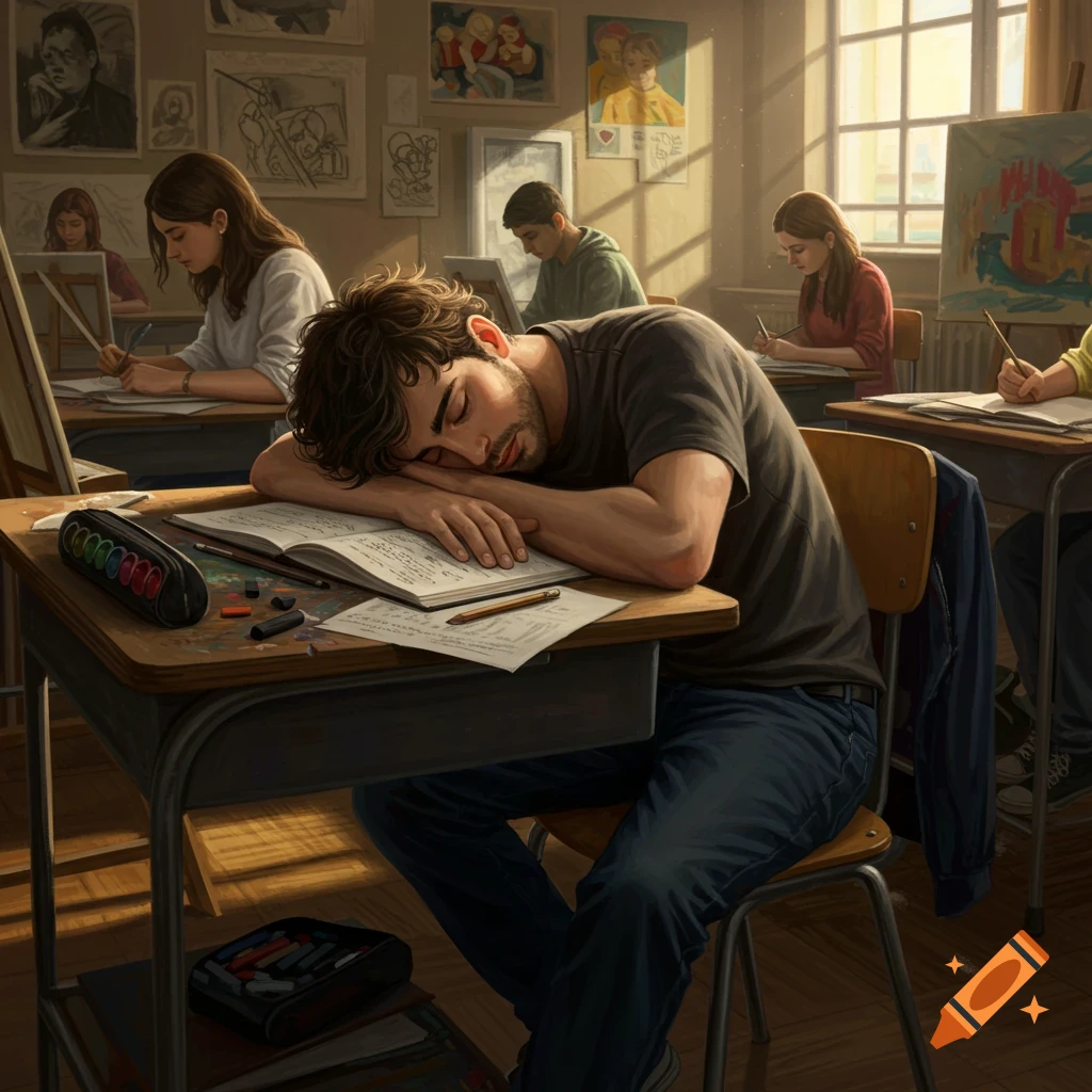 An illustration of a student in a classroom daydreaming about various ...