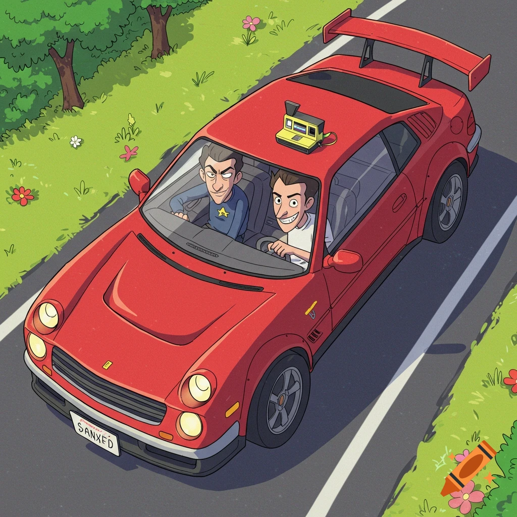 Cartoon car with two men and a polaroid camera, aerial view on Craiyon