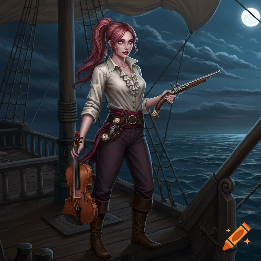 Pirate woman with fiddle and pistol on sailing ship on Craiyon