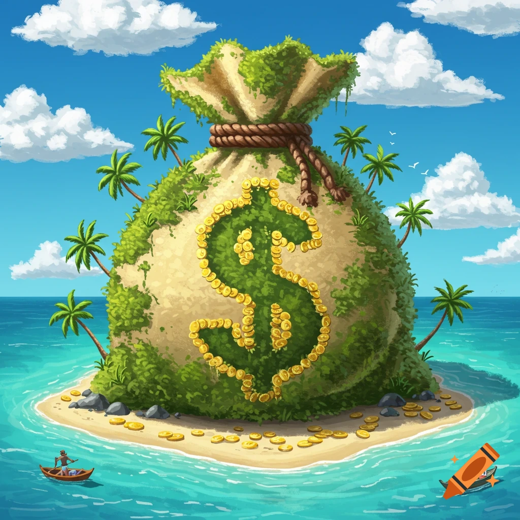 An island shaped like a money bag with a dollar sign made of gold coins ...