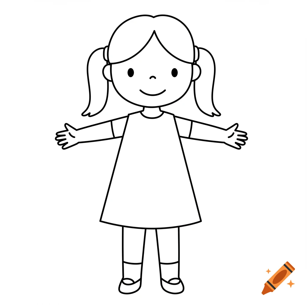 Simple line drawing of a girl with pigtails and arms outstretched on ...