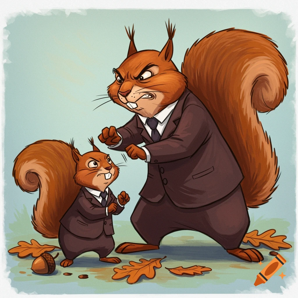 Cartoon illustration of a screaming squirrel surrounded by flying papers in a ruined city. on ...