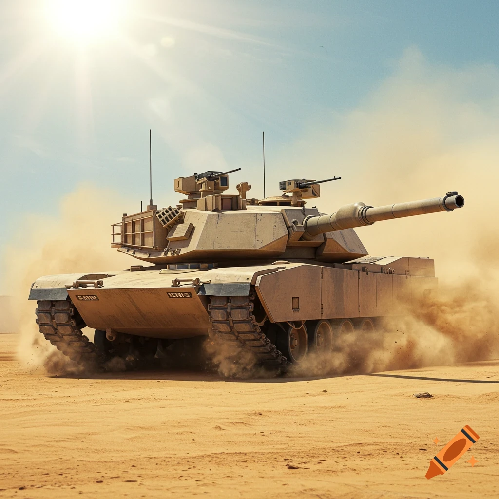 A tan military tank drives through a dusty desert under a bright sun ...