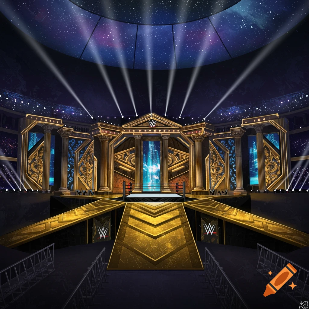 Large indoor arena stage set up for wrestling event with screens ...