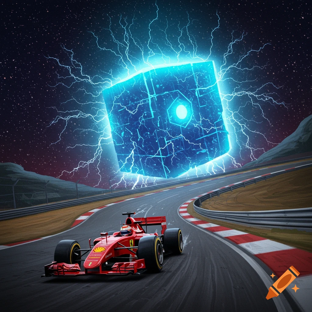 An F1 style poster with a red race car driving on a track with speed ...