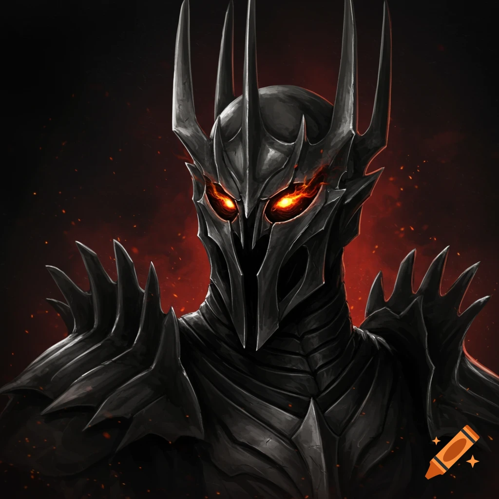 Close-up portrait of Sauron in dark spiky armor with glowing red eyes on Craiyon