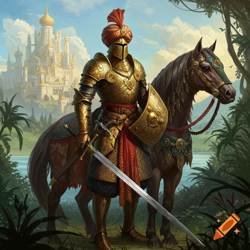 A painting of a knight in golden armor on a white horse slaying a ...