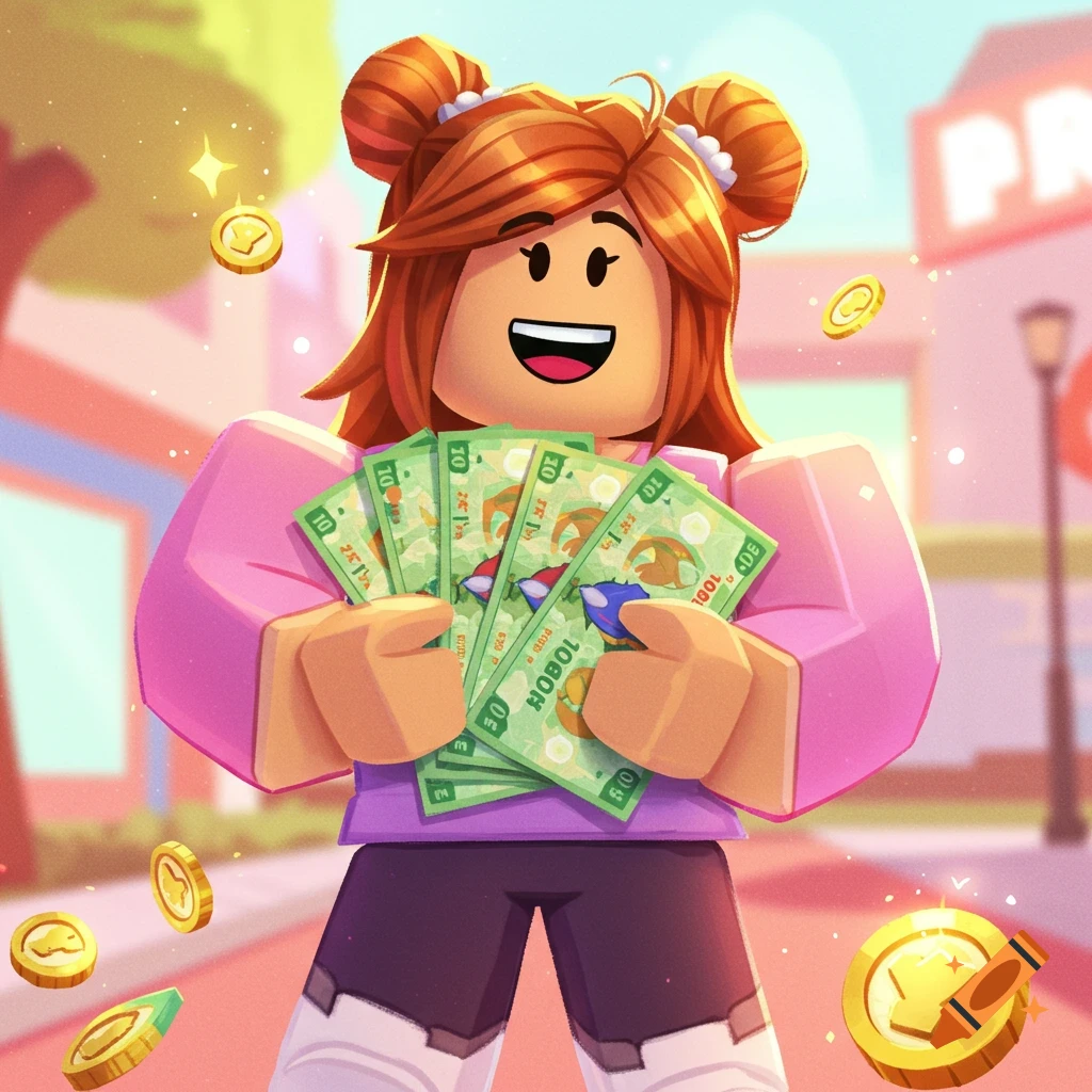 A smiling Roblox character holds a stack of money and coins in an ...