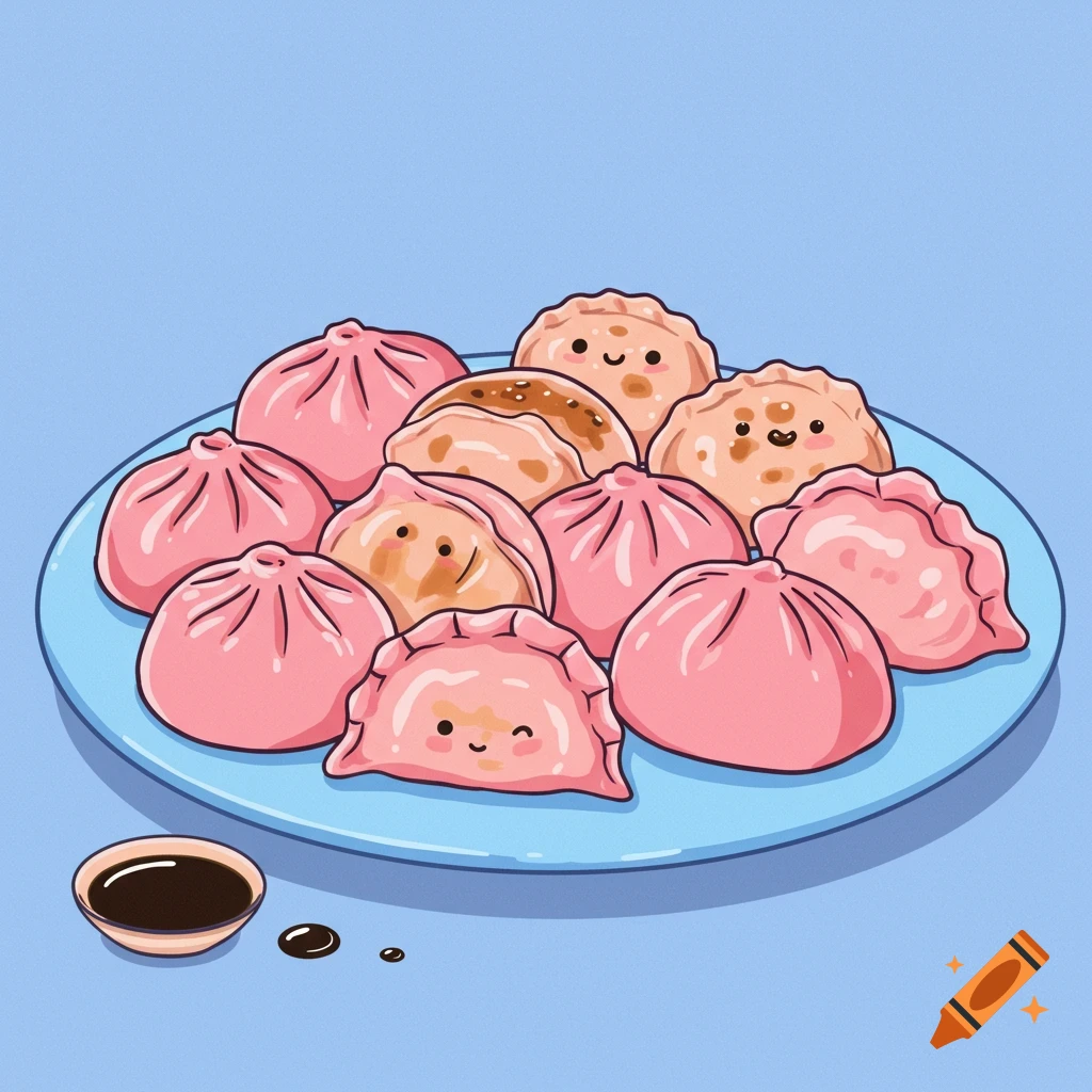 Cartoon plate of dumplings, some with cute faces, with a small bowl of ...