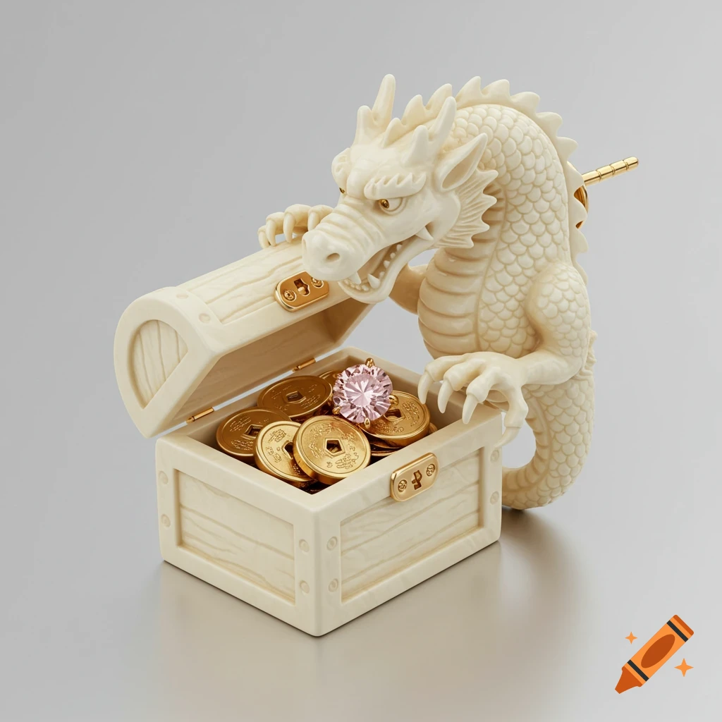 White carved dragon figurine holding open treasure chest with gold ...