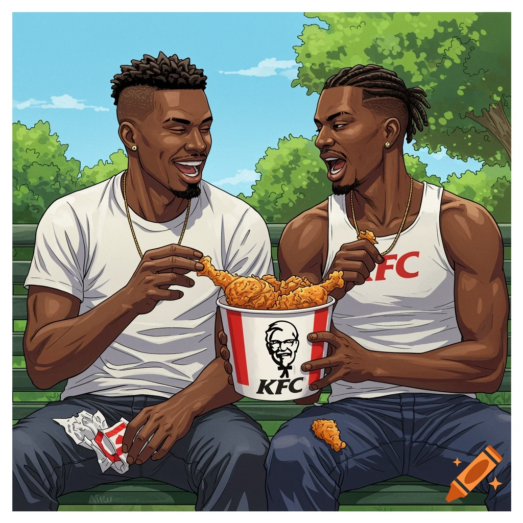 Illustration of two men eating KFC on a park bench on Craiyon