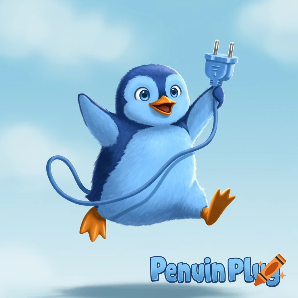 Cartoon blue penguin jumping while holding a blue electric plug. on Craiyon