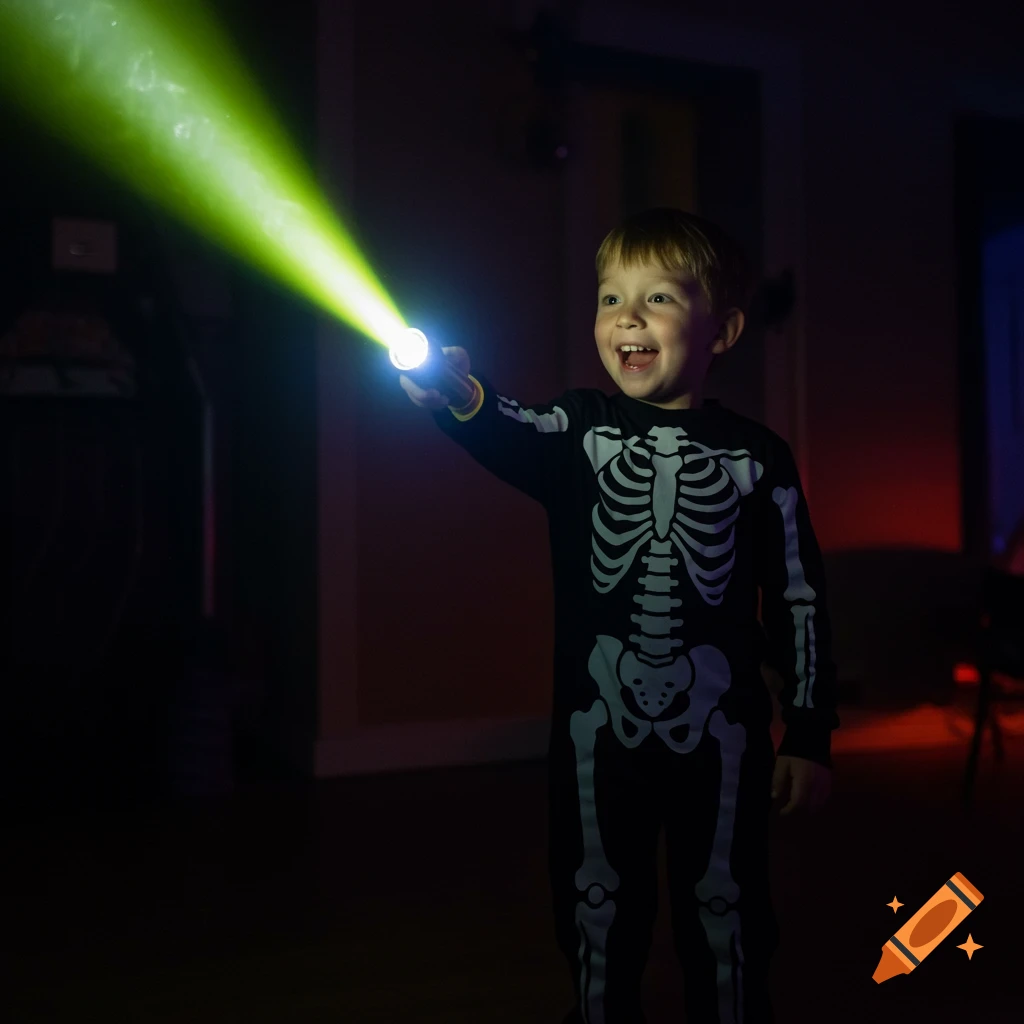 Young boy in a skeleton costume shines a bright flashlight in a dark ...