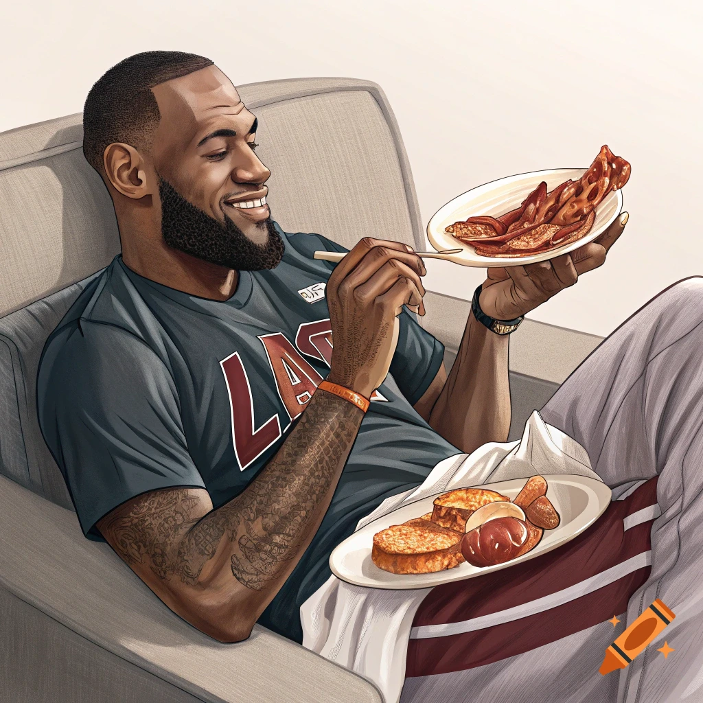 An illustration of LeBron James sitting and eating bacon with ...