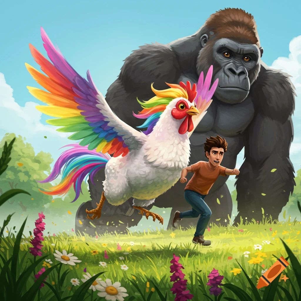 Man running with rainbow chicken unicorn and big gorilla on Craiyon