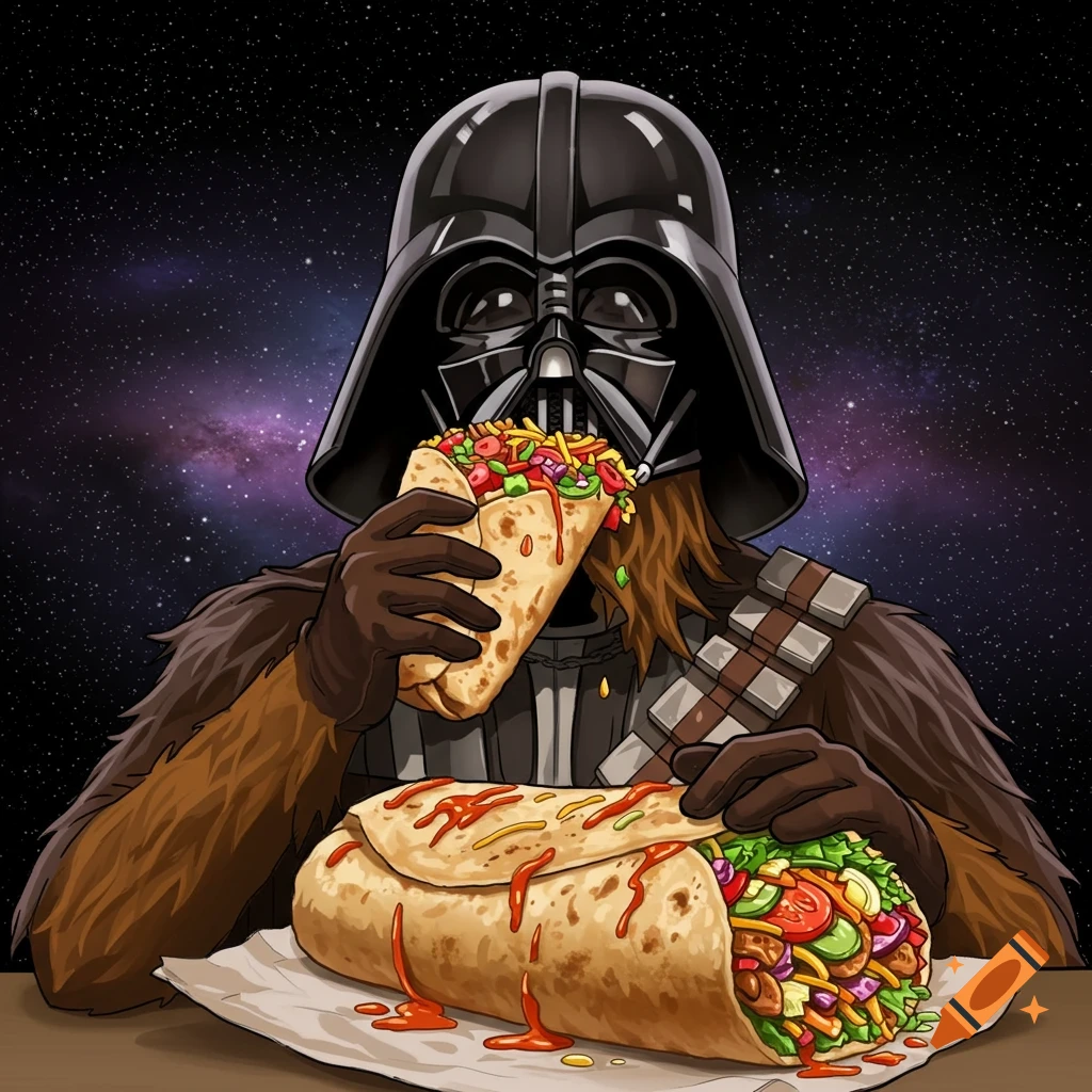 Darth Vader in Chewbacca attire eating a gigantic burrito on Craiyon