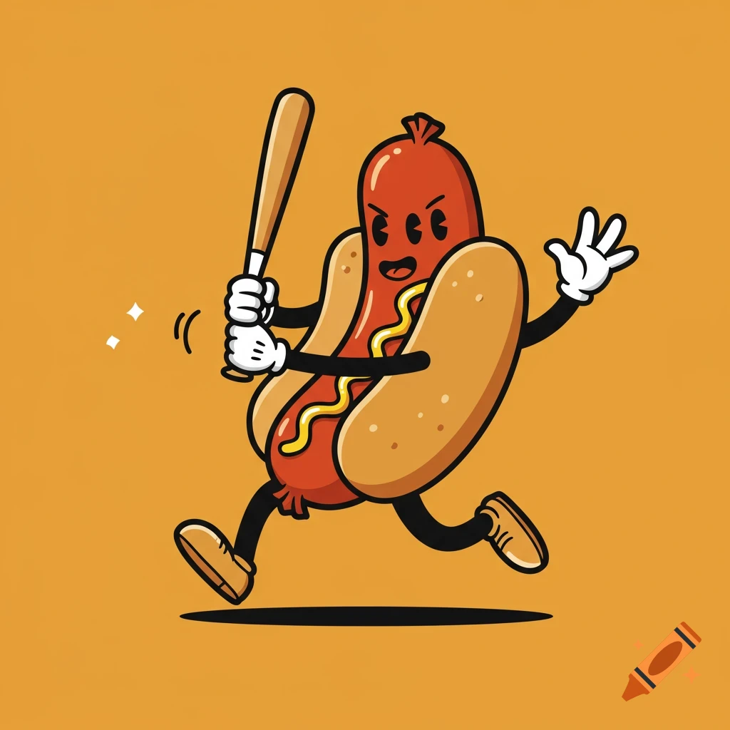 Cartoon hot dog character swinging baseball bat on Craiyon