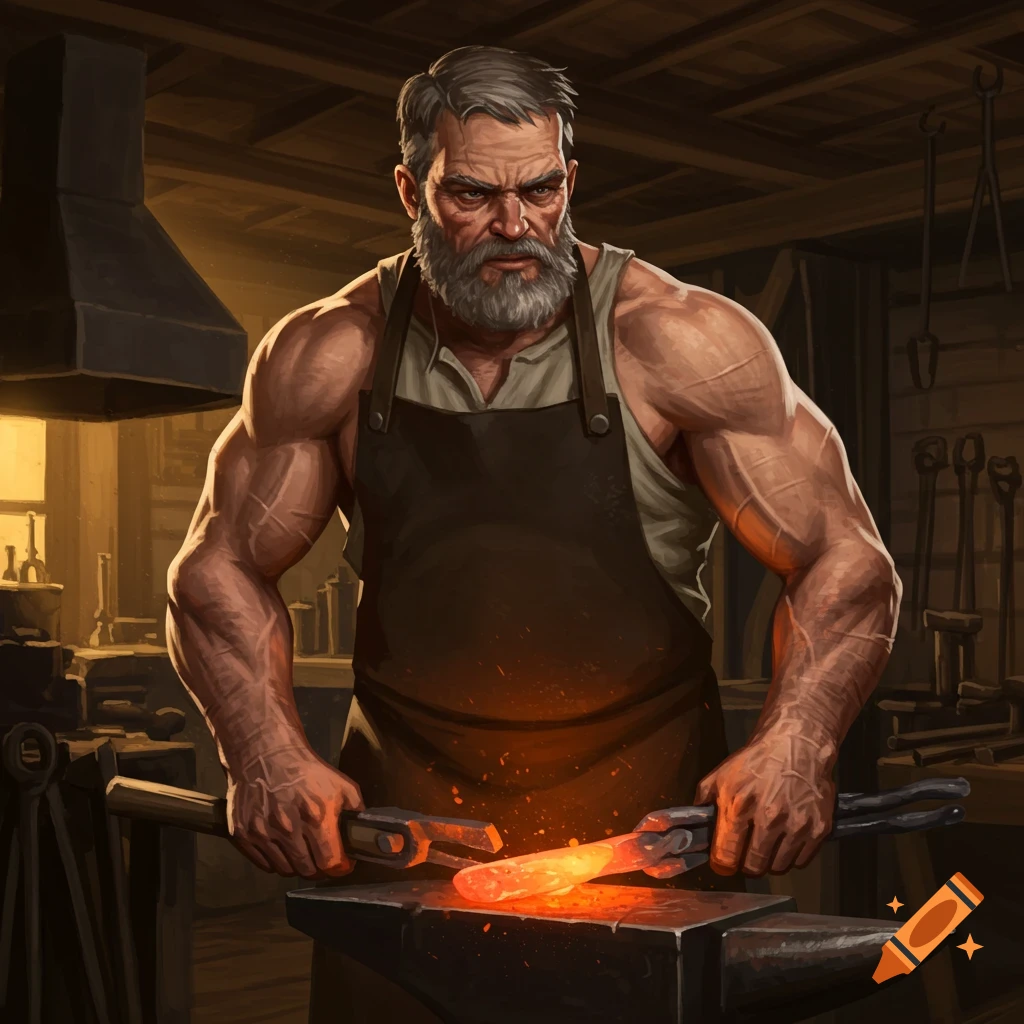 An illustration of a muscular, bearded man blacksmith hammering glowing ...