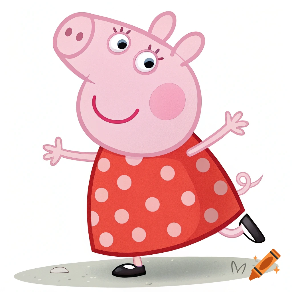 Illustration of Peppa Pig in a red polka dot dress, smiling and ...