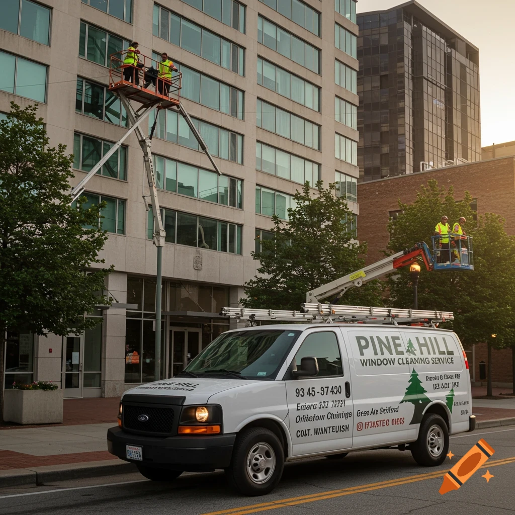 Window washers on lifts cleaning a tall building with a Pine Hill ...