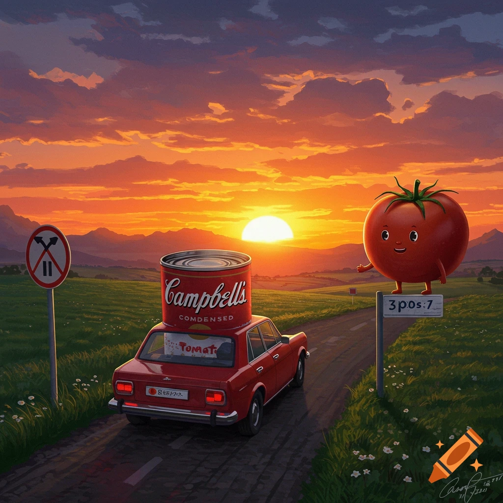 Landscape with Campbell's soup can car driving towards a tomato sunset ...