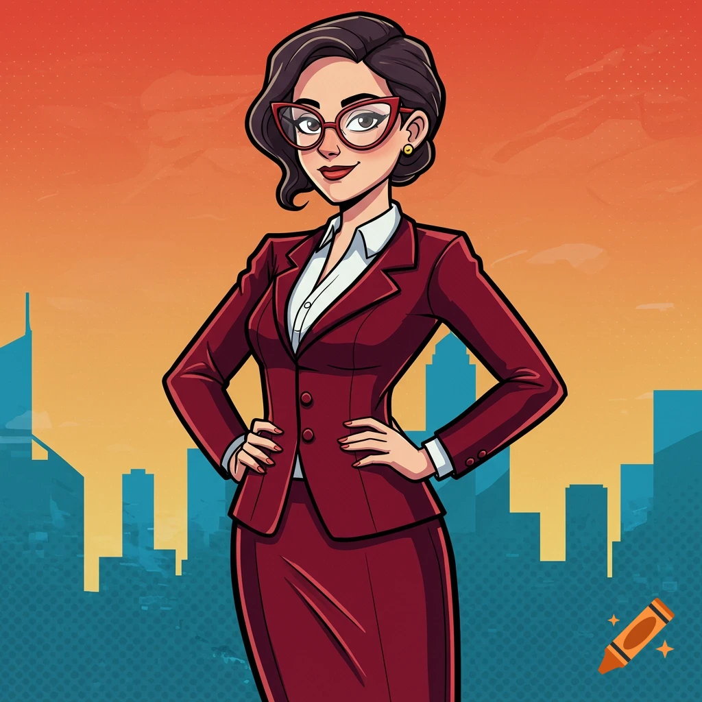 Cartoon of a sophisticated sales woman with glasses on Craiyon