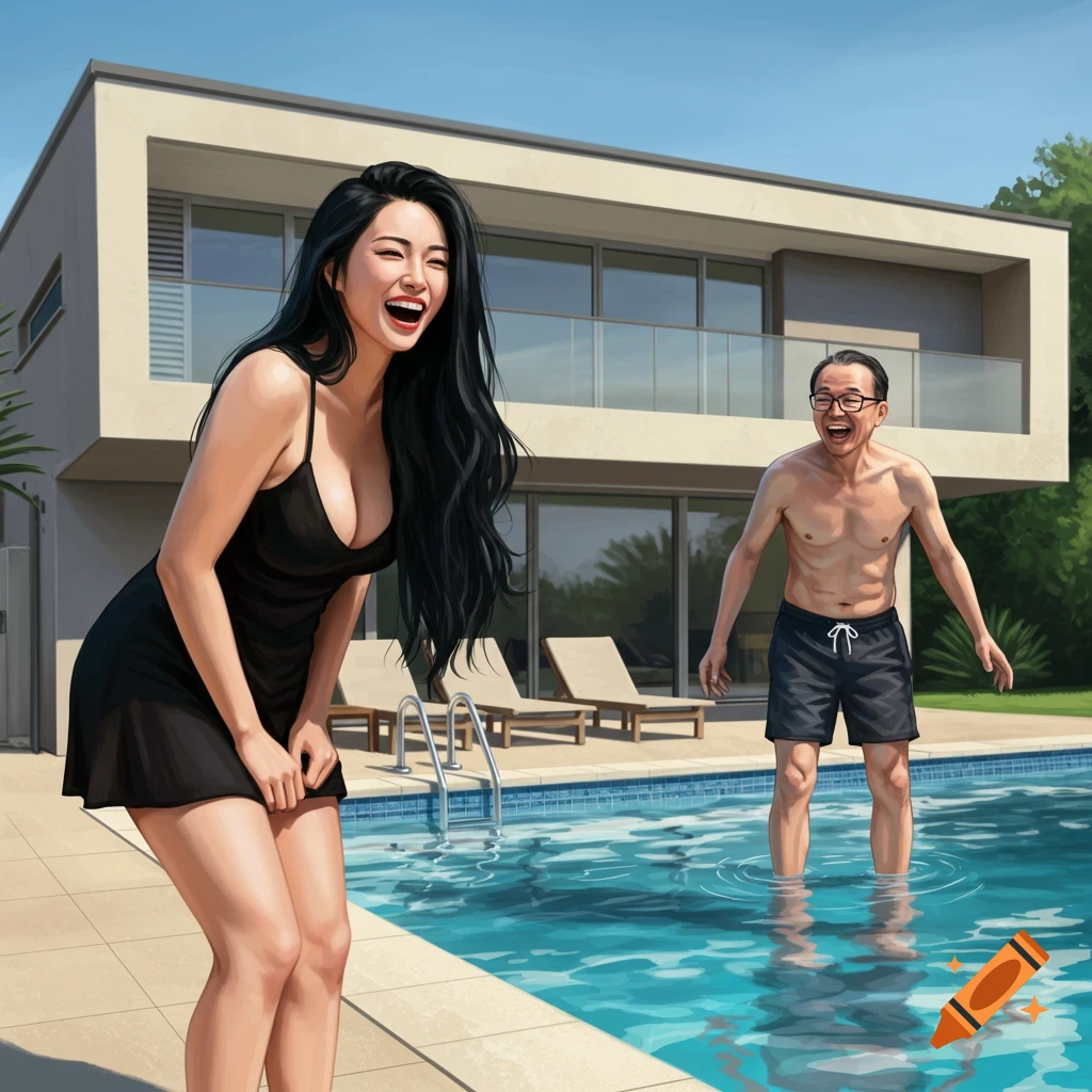 Smiling woman and man by a pool with a modern house behind them, illustrated style. on Craiyon