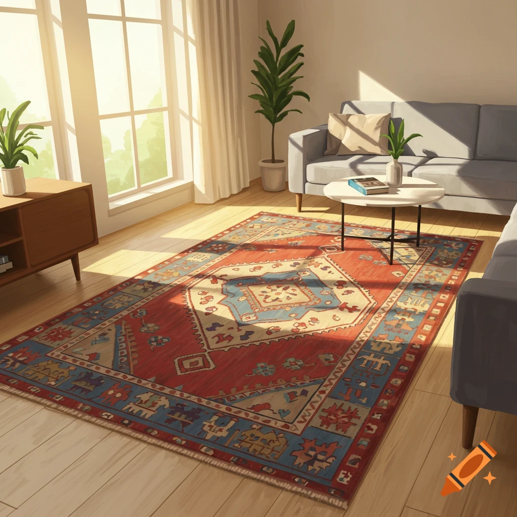 A sunlit living room with a red and blue patterned kilim rug on a ...